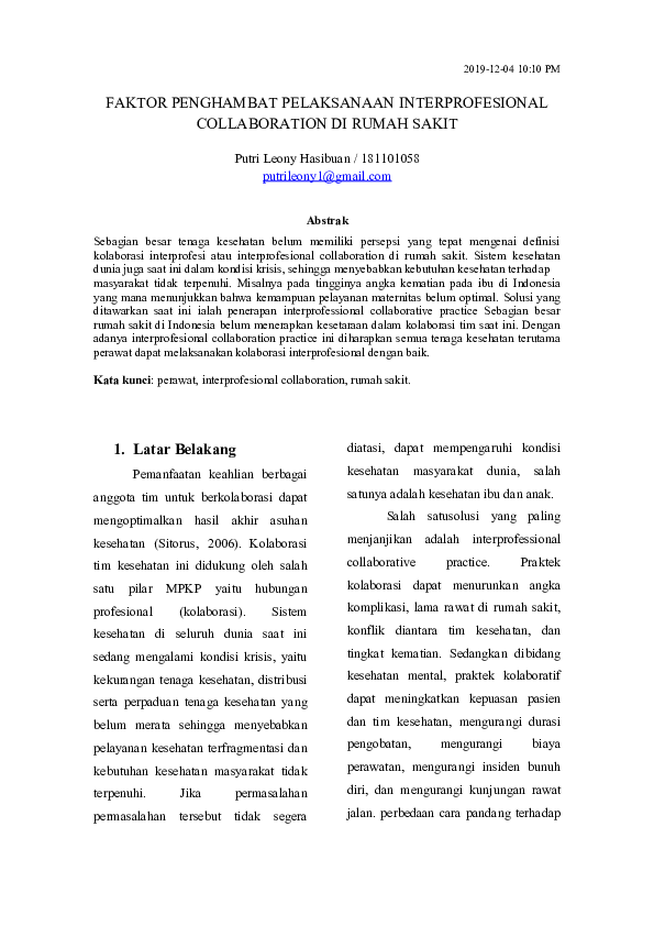 (PDF) FAKTOR PENGHAMBAT PELAKSANAAN INTERPROFESIONAL COLLABORATION DI RUMAH SAKIT