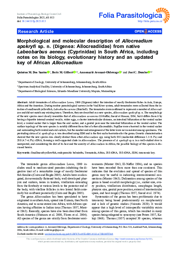 (PDF) Morphological and molecular description of Allocreadium apokryfi ...