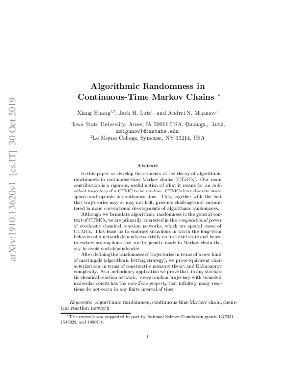 Pdf Algorithmic Randomness In Continuous Time Markov Chains