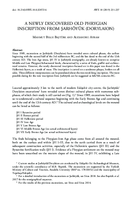 (PDF) A NEWLY DISCOVERED OLD PHRYGIAN INSCRIPTION FROM ŞARHÖYÜK (DORYLAION)