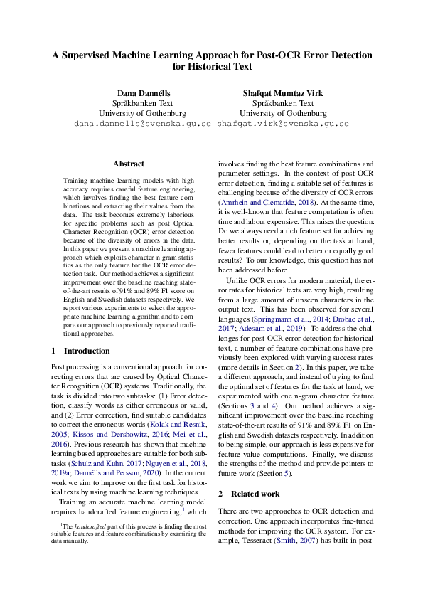 Pdf A Supervised Machine Learning Approach For Post Ocr Error Detection For Historical Text