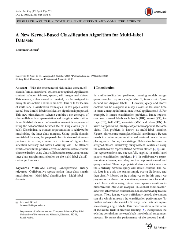 (PDF) A New Kernel-Based Classification Algorithm for Multi-label Datasets