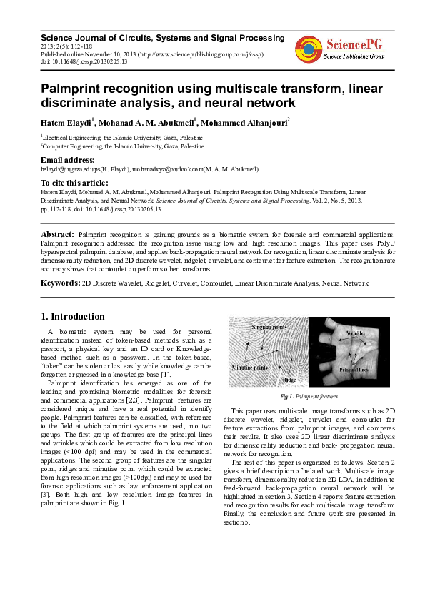 (PDF) Palmprint Recognition Using Multiscale Transform, Linear Discriminate Analysis, and Neural ...