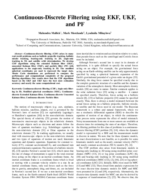 Pdf Continuous Discrete Filtering Using Ekf Ukf And Pf
