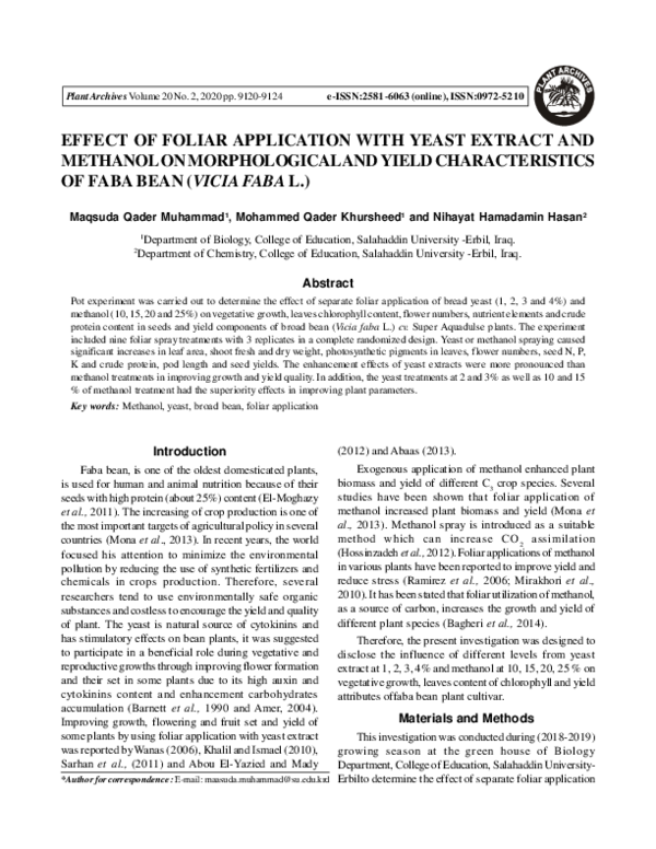 Pdf Effect Of Foliar Application With Yeast Extract And Methanol On