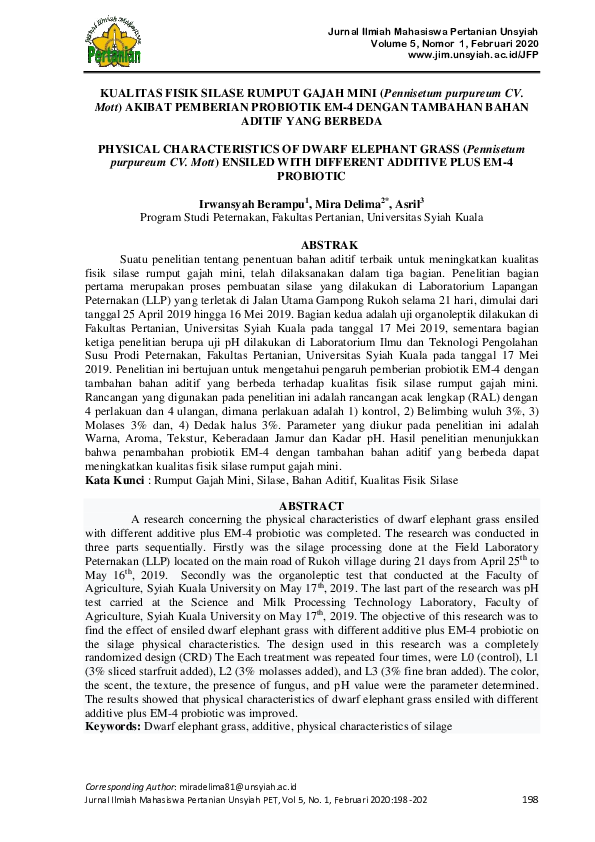 (PDF) Kualitas Fisik Silase Rumput Gajah Mini (Pennisetum purpureum CV. Mott) Akibat Pemberian ...
