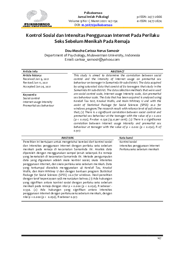 (PDF) Kontrol Sosial dan Intensitas Penggunaan Internet Pada Perilaku Seks Sebelum Menikah Pada ...