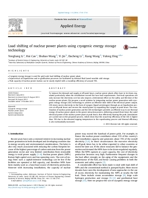 (PDF) Load shifting of nuclear power plants using cryogenic energy ...