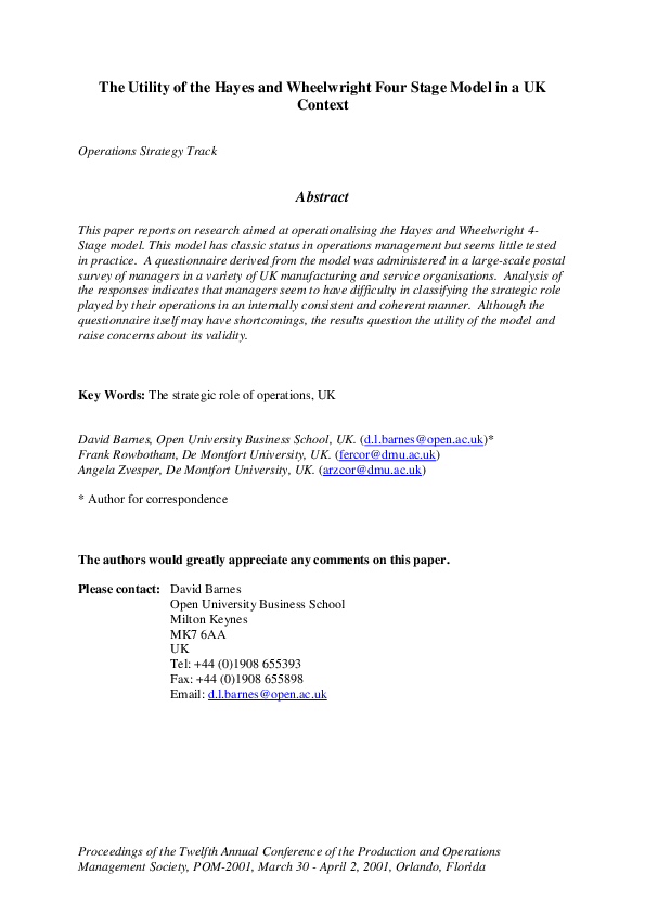 (PDF) The Utility of the Hayes and Wheelwright Four Stage Model in a UK ...