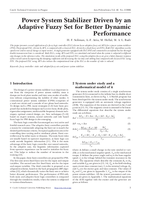 (PDF) Power System Stabilizer Driven by an Adaptive Fuzzy Set for Better Dynamic Performance