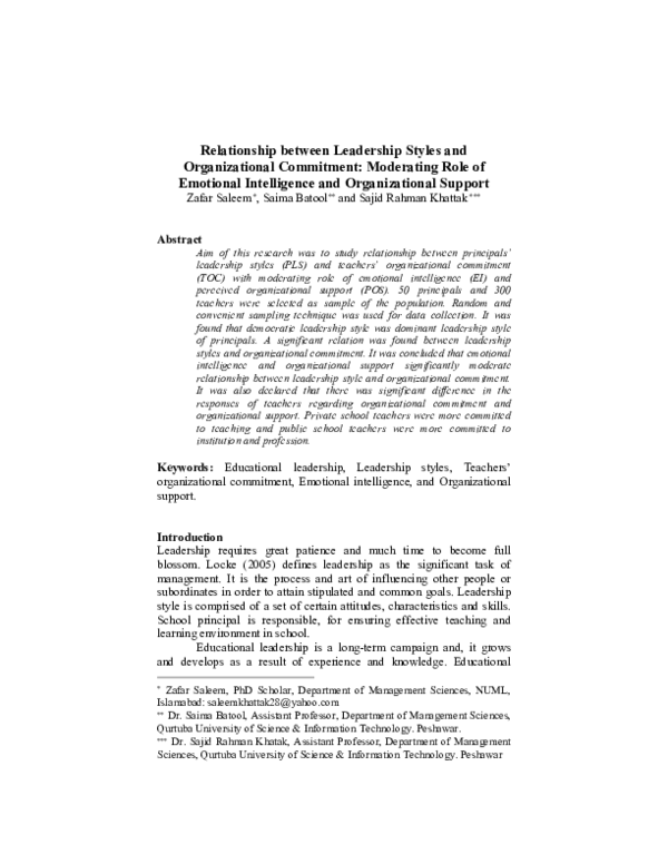(PDF) Relationship between Leadership Styles and Organizational Commitment: Moderating Role of ...