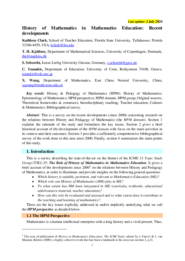 (PDF) History of mathematics in mathematics education. Recent developments