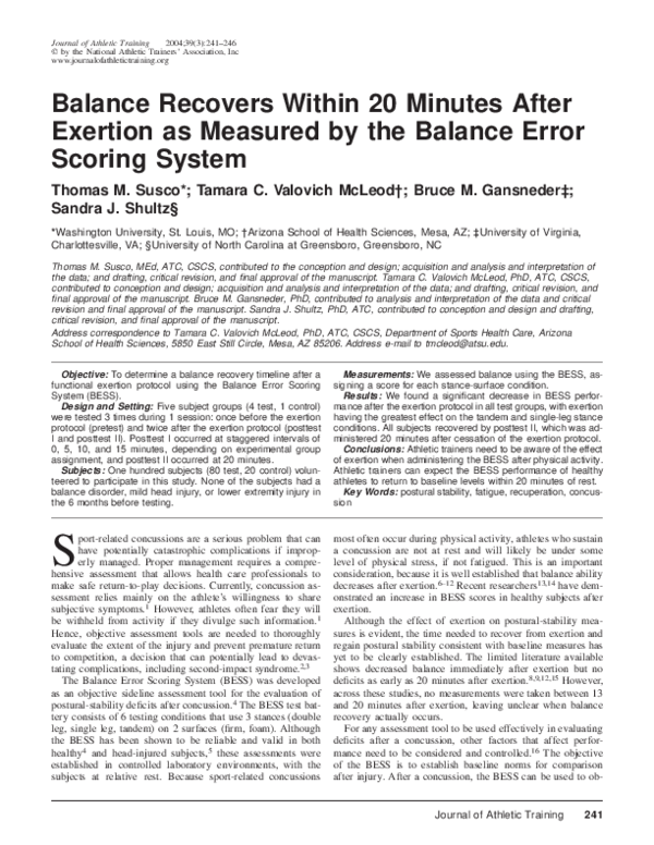 (PDF) Balance recovers within 20 minutes after exertion as measured by ...
