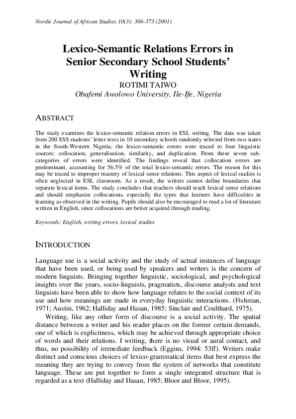 (PDF) Lexico-Semantic Relations Errors in Senior Secondary School Students' Writing
