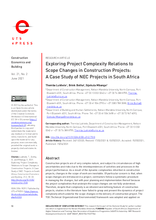 (PDF) Exploring Project Complexity Relations to Scope Changes in Construction Projects: A Case ...