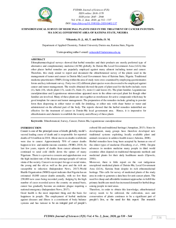 (PDF) Ethnobotanical Survey of Medicinal Plants Used in the Treatment ...
