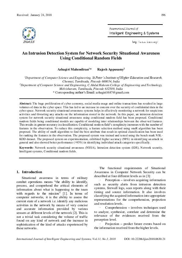 Pdf An Intrusion Detection System For Network Security Situational Awareness Using Conditional