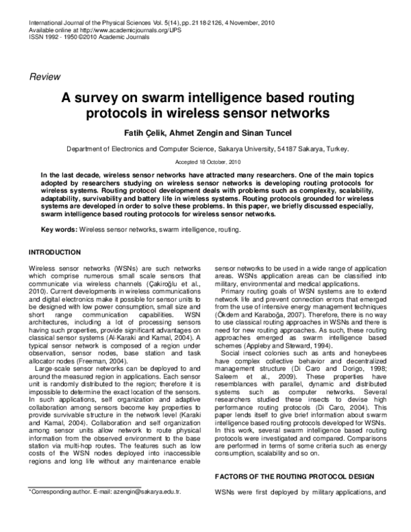 Pdf A Survey On Swarm Intelligence Based Routing Protocols In Wireless Sensor Networks Ahmet