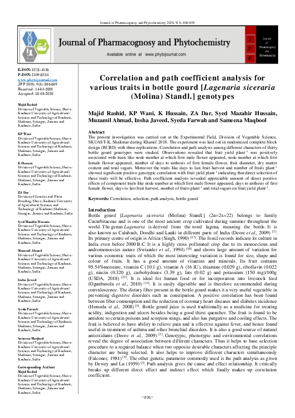 (PDF) Correlation and path coefficient analysis for various traits in bottle gourd [Lagenaria ...
