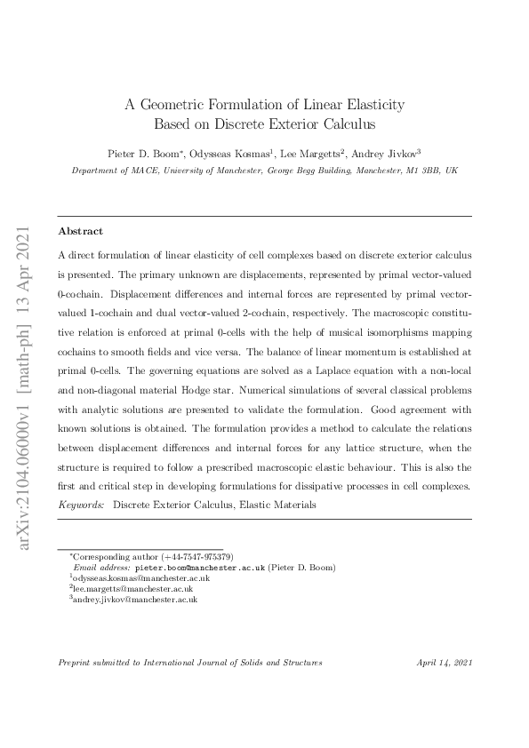(PDF) A Geometric Formulation of Linear Elasticity Based on Discrete Exterior Calculus