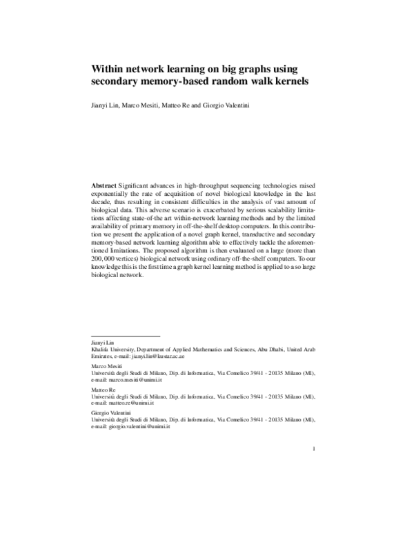 (PDF) Within network learning on big graphs using secondary memory-based random walk kernels ...