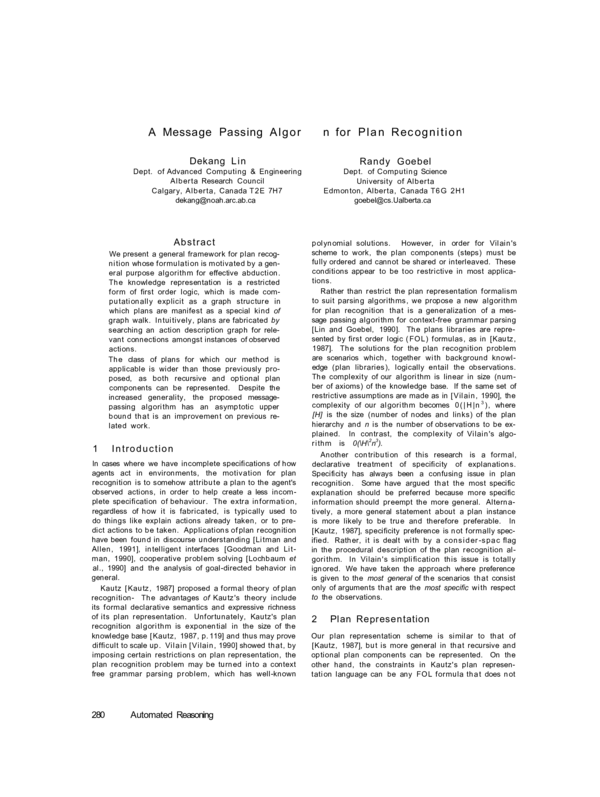Pdf A Message Passing Algorithm For Plan Recognition