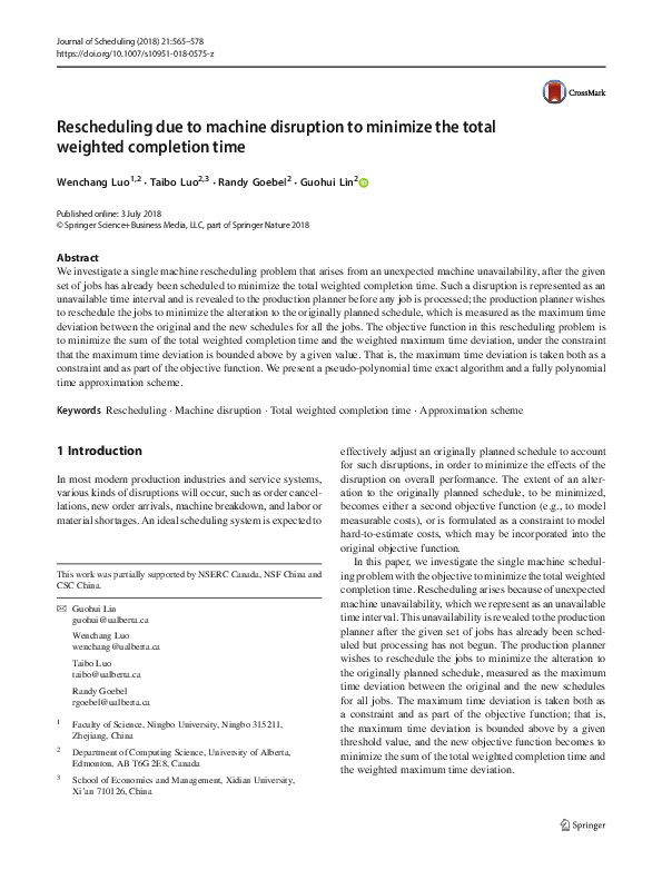 (PDF) Rescheduling due to machine disruption to minimize the total weighted completion time ...