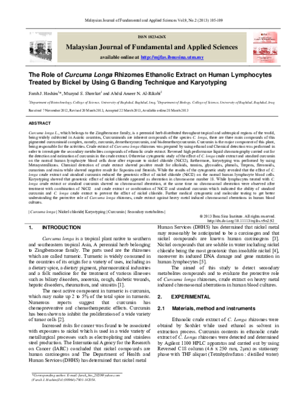 (PDF) The Role of Curcuma Longa Rhizomes Ethanolic Extract on Human ...