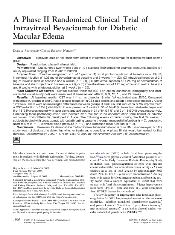 (PDF) A phase II randomized clinical trial of intravitreal bevacizumab for diabetic macular edema