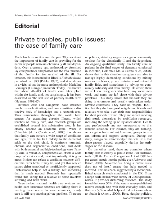 (PDF) Private troubles, public issues: the case of family care