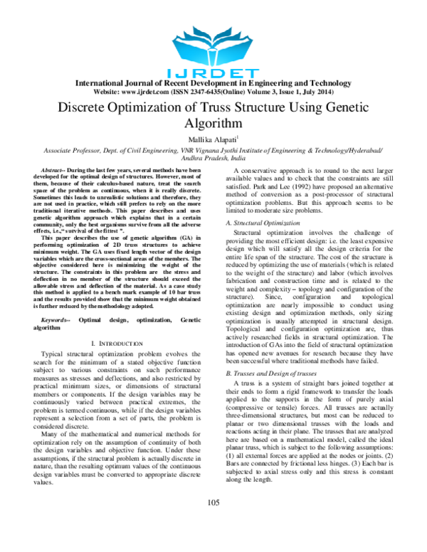 Pdf Discrete Optimization Of Truss Structure Using Genetic Algorithm