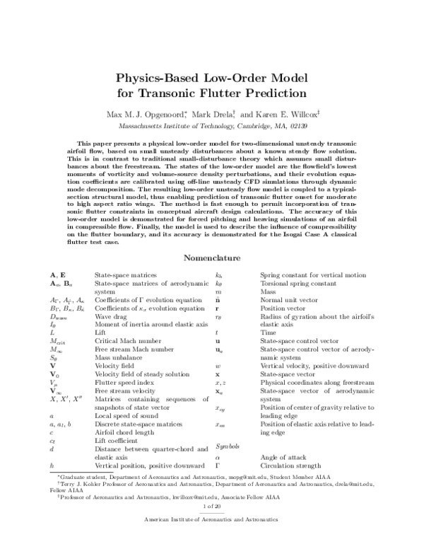 Pdf Physics Based Low Order Model For Transonic Flutter Prediction