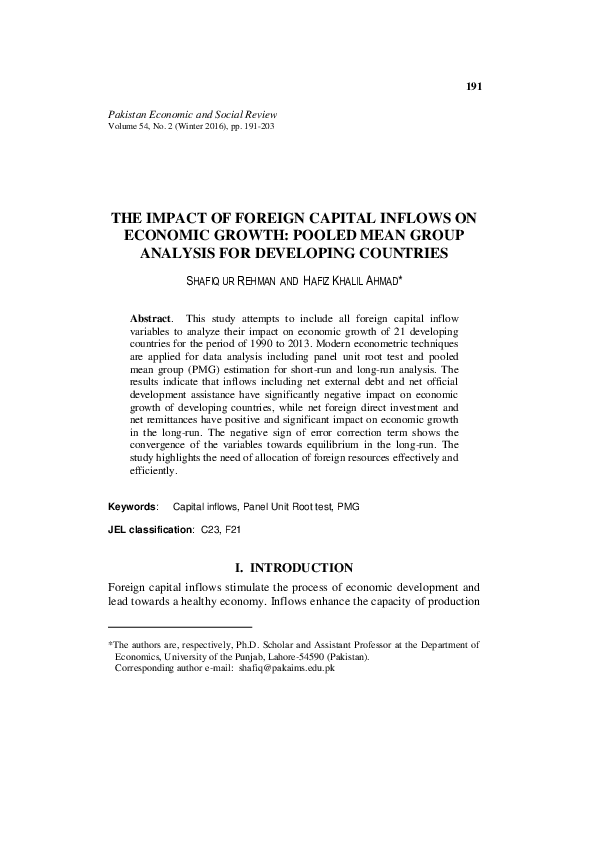 (PDF) The Impact of Foreign Capital Inflows on Economic Growth : Pooled ...