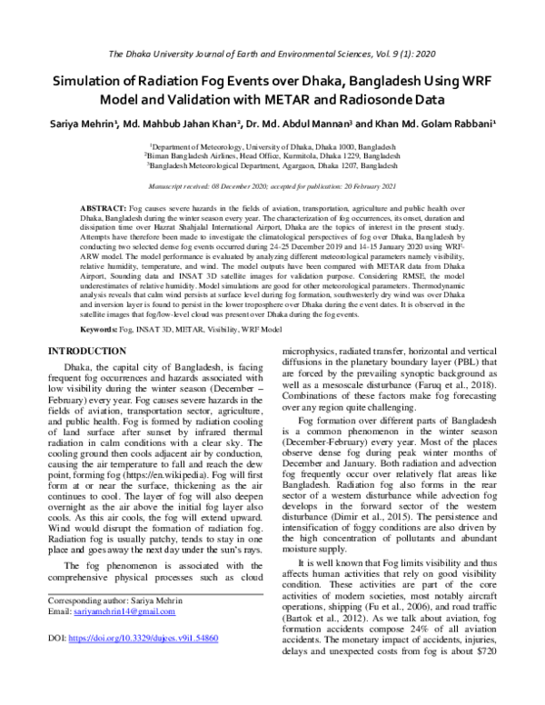 (PDF) Simulation of Radiation Fog Events over Dhaka, Bangladesh Using ...