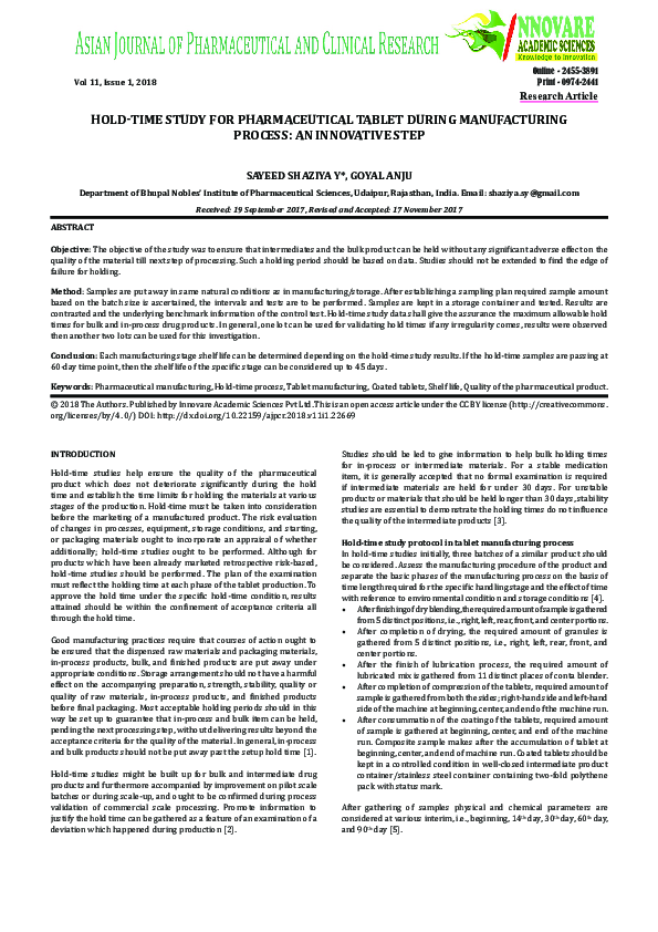(PDF) Hold-Time Study for Pharmaceutical Tablet During Manufacturing ...