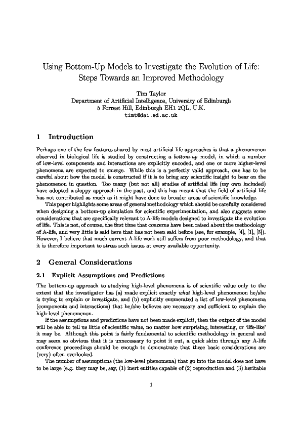 (PDF) Using Bottom-Up Models to Investigate the Evolution of Life ...