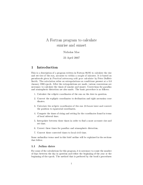 (PDF) A Fortran program to calculate sunrise and sunset