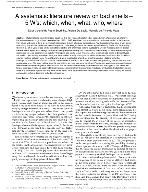 (PDF) A systematic literature review on bad smells — 5 W's: which, when, what, who, where