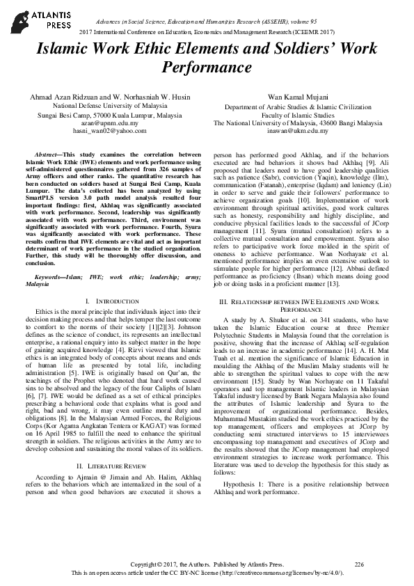 (PDF) Islamic Work Ethic Elements and Soldiers' Work Performance | Wan Kamal Mujani - Academia.edu