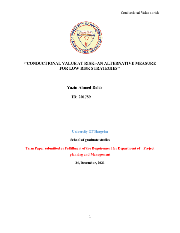 (PDF) ''CONDUCTIONAL VALUE AT RISK:-AN ALTERNATIVE MEASURE FOR LOW RISK ...