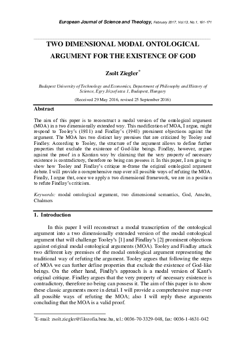 (PDF) Two Dimensional Modal Ontological Argument for the Existence of God