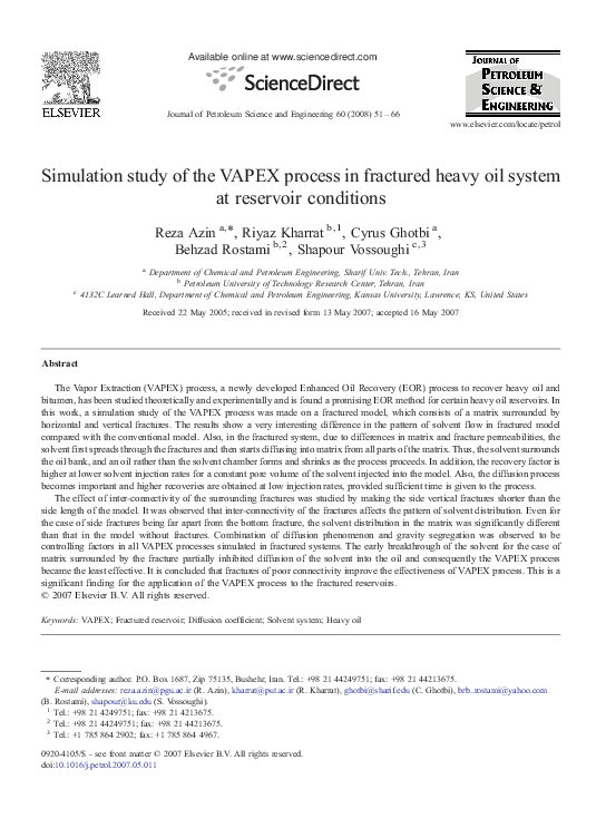 (PDF) Simulation study of the VAPEX process in fractured heavy oil system at reservoir conditions