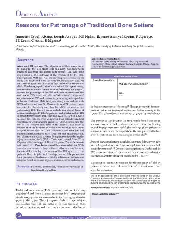 (PDF) Reasons for Patronage of Traditional Bone Setters