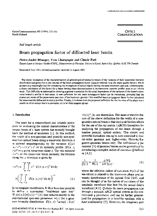 (PDF) Beam propagation factor of diffracted laser beams