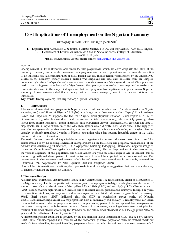 (PDF) Cost Implications of Unemployment on the Nigerian Economy