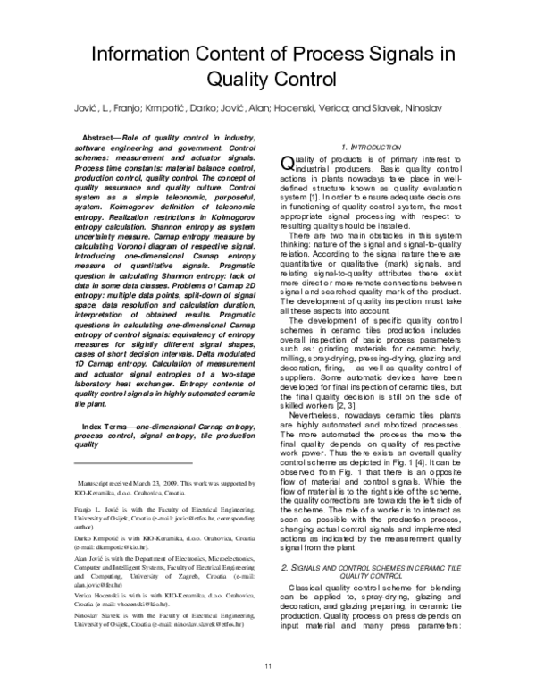 (PDF) Information Content of Process Signals in Quality Control