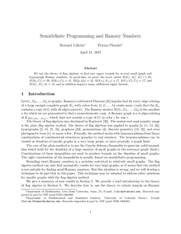 (PDF) Semidefinite Programming and Ramsey Numbers
