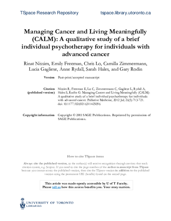 (PDF) Managing Cancer and Living Meaningfully (CALM): A qualitative ...