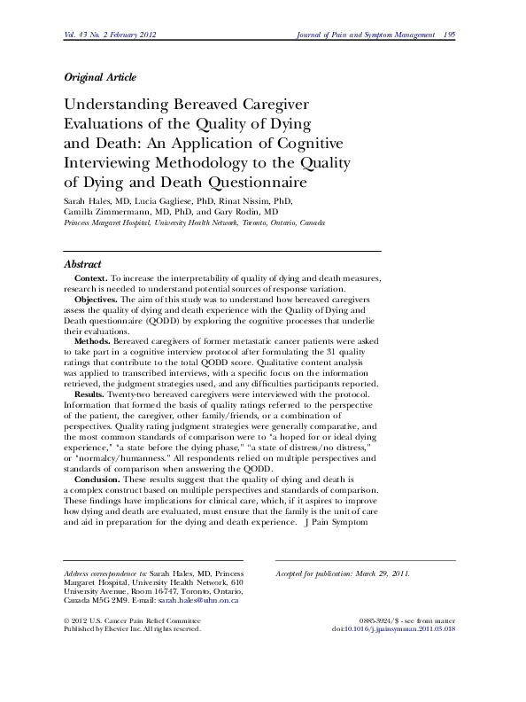 (PDF) Understanding Bereaved Caregiver Evaluations of the Quality of ...