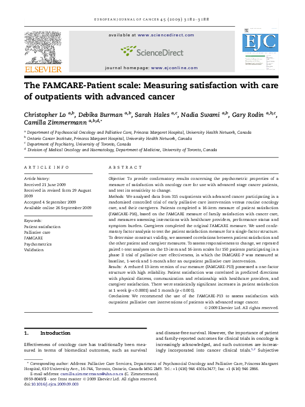 (PDF) The FAMCARE-Patient scale: Measuring satisfaction with care of ...